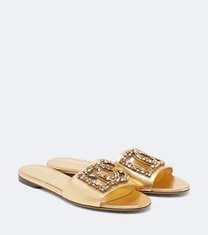 Dolce & Gabbana Dg Embellished Metallic Leather Slides - Gold