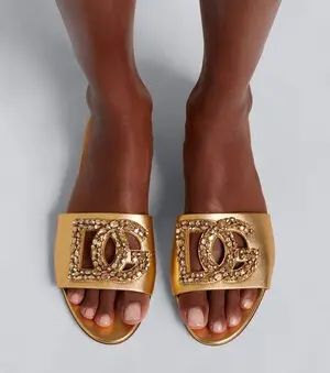 Dolce & Gabbana Dg Embellished Metallic Leather Slides