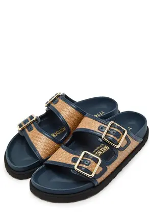 BIRKENSTOCK Arizona Framed Raffia And Leather Sliders - Navy