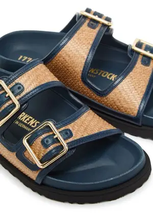 BIRKENSTOCK Arizona Framed Raffia And Leather Sliders - Navy