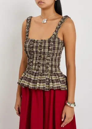 DAMSON MADDER Raphi Checked Shirred Cotton-poplin Cami Top