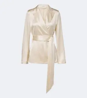 JOSEPH Archer Belted Silk Satin Jacket - White