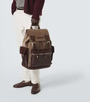 Brunello Cucinelli Herringbone Leather Trimmed Backpack