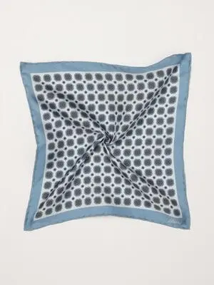 Brioni Geometric Print Square Silk Scarf With Contrast Logo - Gnawed Blue