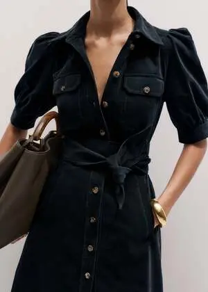 ME+EM Cord Fit And Flare Maxi Shirt Dress With Tie - Navy