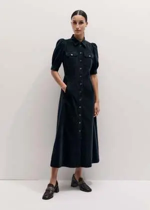 ME+EM Cord Fit And Flare Maxi Shirt Dress With Tie - Navy