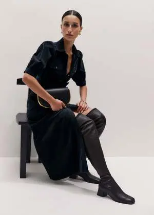 ME+EM Cord Fit And Flare Maxi Shirt Dress With Tie - Navy