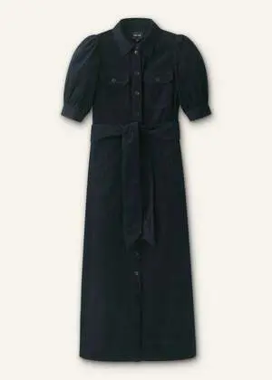 ME+EM Cord Fit And Flare Maxi Shirt Dress With Tie - Navy