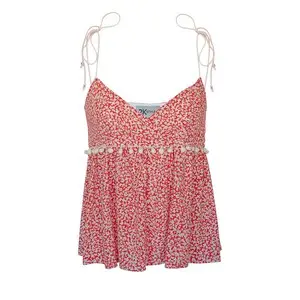 2KSTYLE Jean Pom-pom Embellished Printed Viscose Camisole Top - Orange