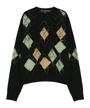 Andersson Bell Diamond-patterned Crew Neck Sweater - Black