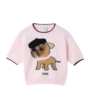 Fendi Dog-intarsia Short-sleeve Wool Sweater - Pink