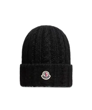 Moncler Cable Knit Wool Blend Beanie - Black