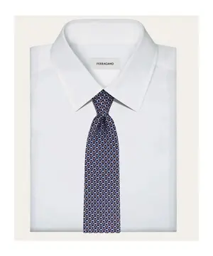 FERRAGAMO Gancini Links Print Silk Tie - Navy Blue
