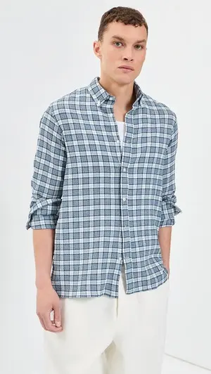 Officine Générale Arsene Waffled Button Down Shirt - White/blue/navy