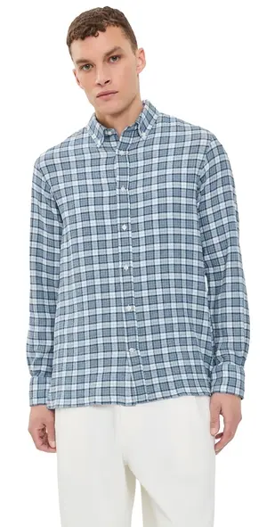 Officine Générale Arsene Waffled Button Down Shirt - White/blue/navy