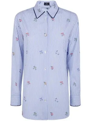 Etro Striped Floral Embroidered Cotton Shirt