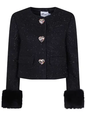 SELF-PORTRAIT Jacket Fur Cuff " Metallic Boucle Fur Cuff Jacket - Black
