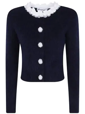 SELF-PORTRAIT Sweater Pearl Trim Knit Jumper - Blue