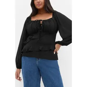 City Chic Shayla Ruffle Long Sleeve Top - Black
