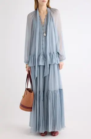 Chloé Silk Mousseline Maxi Dress With Tiered Skirt - Sandy Black