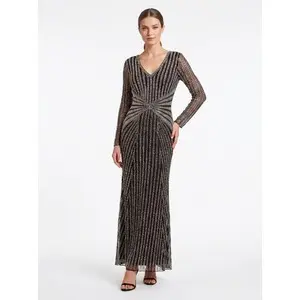 LARA NEW YORK Long Sleeve Beaded Gown - Black Silver