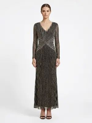 LARA NEW YORK Long Sleeve Beaded Gown