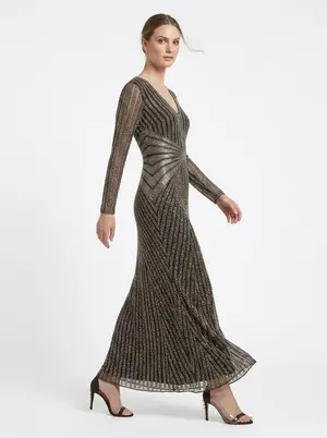 LARA NEW YORK Long Sleeve Beaded Gown