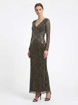 LARA NEW YORK Long Sleeve Beaded Gown