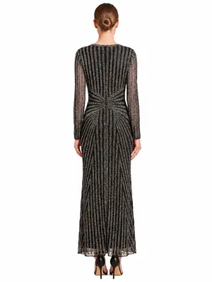 LARA NEW YORK Long Sleeve Beaded Gown