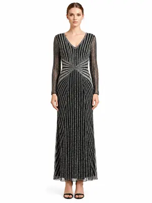 LARA NEW YORK Long Sleeve Beaded Gown