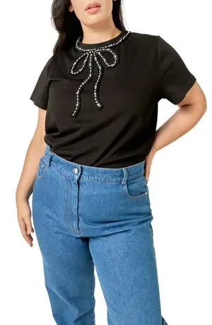 English Factory Pearl-embellished Bow T-shirt - Black