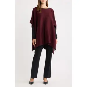 Anne Klein Faux Leather Trim Knit Cape - Barolo