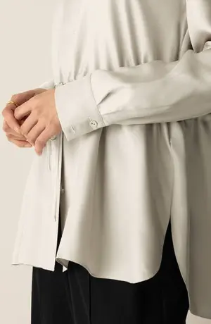 Eileen Fisher Silk Mandarin Collar Shirt With Tie