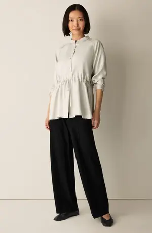 Eileen Fisher Silk Mandarin Collar Shirt With Tie