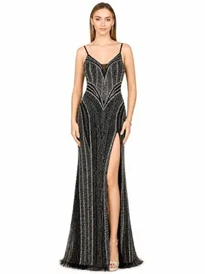 LARA NEW YORK Spaghetti Strap Beaded Gown With Slit