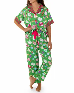 SUNSHINE SOCIETY Holiday Bauble Silky Short Sleeve Pants Set - Green