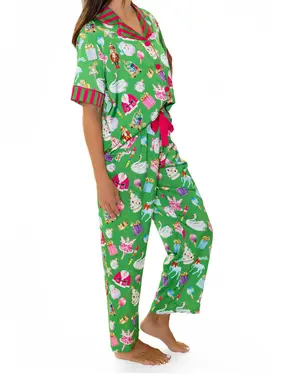SUNSHINE SOCIETY Holiday Bauble Silky Short Sleeve Pants Set