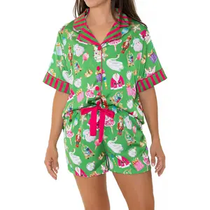 SUNSHINE SOCIETY Holiday Bauble Silky Short Sleeve Shorts Set - Green