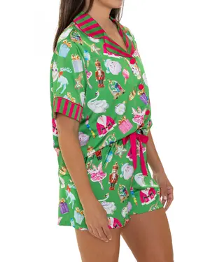 SUNSHINE SOCIETY Holiday Bauble Silky Short Sleeve Shorts Set