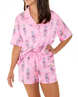 SUNSHINE SOCIETY Graffiti Nutcracker Silky Short Sleeve Shorts Set - Pink