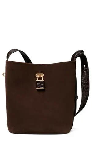 Tory Burch Lock Suede Slim Medium Bucket Bag - Dark Coco