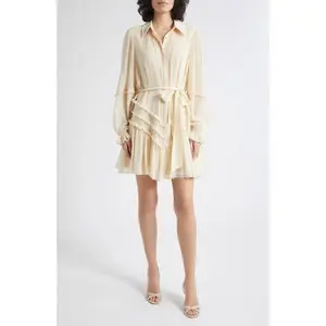 Ramy Brook Maya Ruffle Detail Long Sleeve Silk Mini Shirtdress - Bone