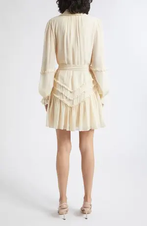 Ramy Brook Maya Ruffle Detail Long Sleeve Silk Mini Shirtdress - Bone