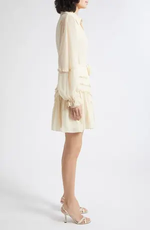 Ramy Brook Maya Ruffle Detail Long Sleeve Silk Mini Shirtdress - Bone