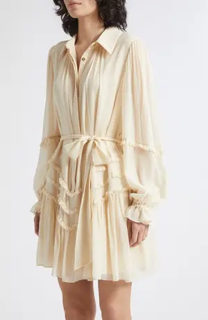 Ramy Brook Maya Ruffle Detail Long Sleeve Silk Mini Shirtdress - Bone