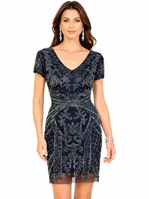 LARA NEW YORK Cap Sleeve Beaded Cocktail Dress - Navy