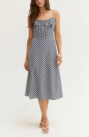 CRESCENT Gingham Slip Midi Dress - Navy