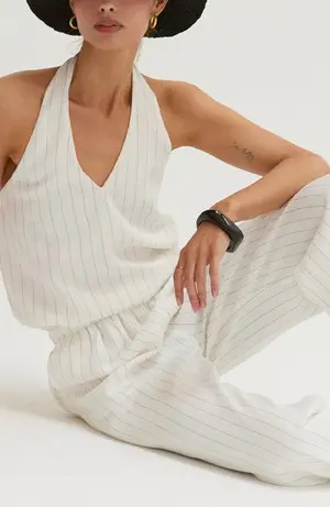 CRESCENT Pinstripe Halter Linen Blend Jumpsuit