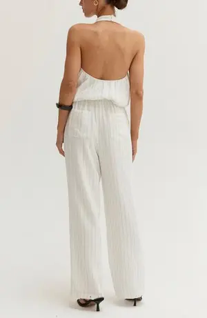 CRESCENT Pinstripe Halter Linen Blend Jumpsuit