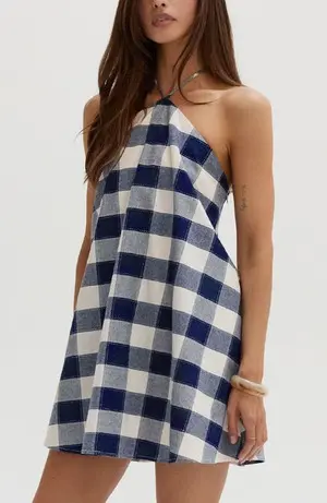 CRESCENT Gingham Halter Romper Dress - Navy